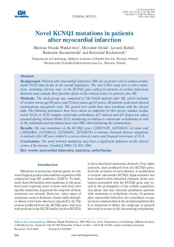 (PDF) Novel KCNQ1 mutations in patients after myocardial infarction