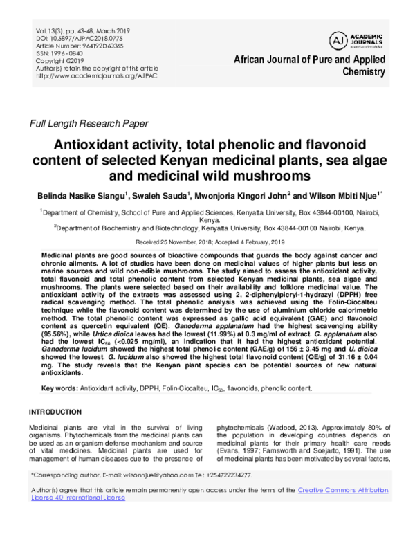 (PDF) ANTIOXIDANT ACTIVITY, TOTAL PHENOLIC, AND FLAVONOID CONTENTS OF THE EXTRACT OF ENDOPHYTIC ...