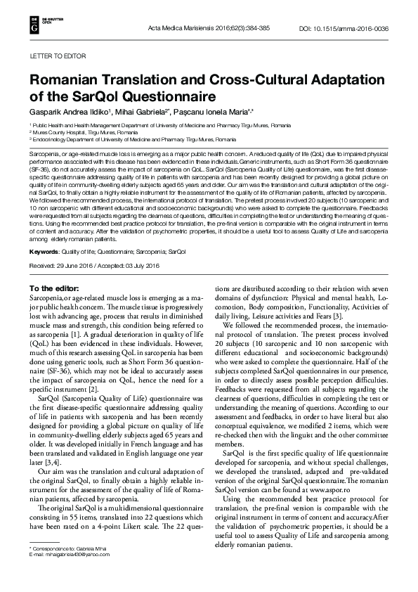 (PDF) Romanian Translation and Cross-Cultural Adaptation of the SarQol ...