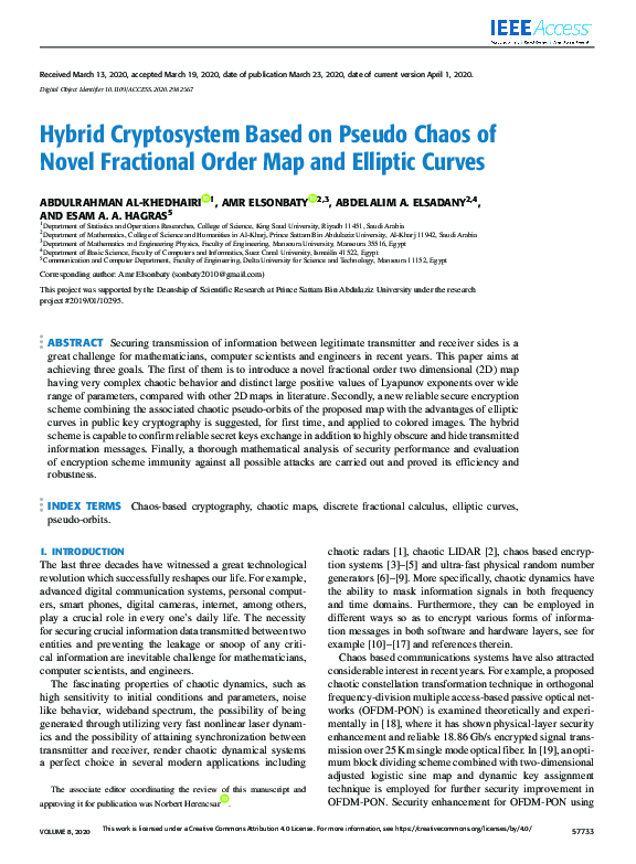 (PDF) Hybrid Cryptosystem Based on Pseudo Chaos of Novel Fractional Order Map and Elliptic Curves