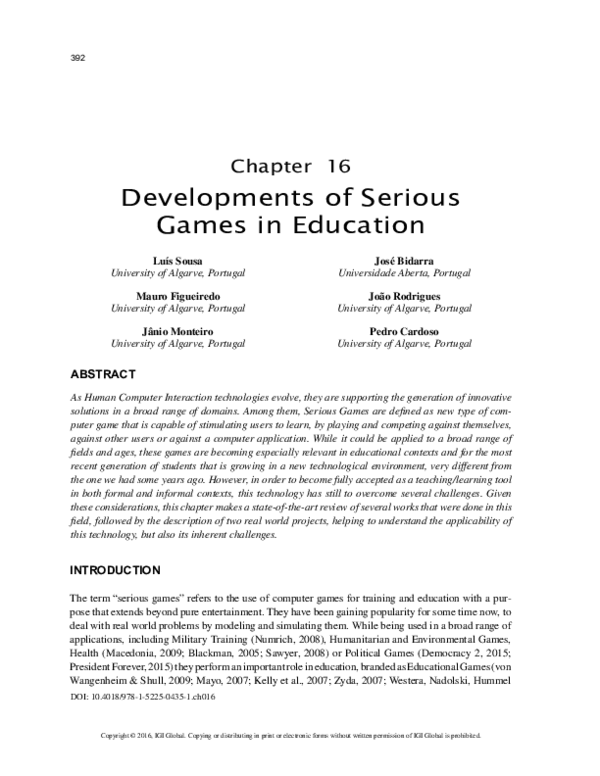 (PDF) Developments of Serious Games in Education