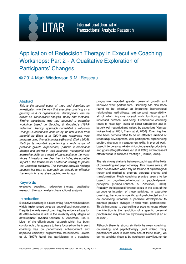 (PDF) Application of Redecision Therapy in Executive Coaching Workshops ...