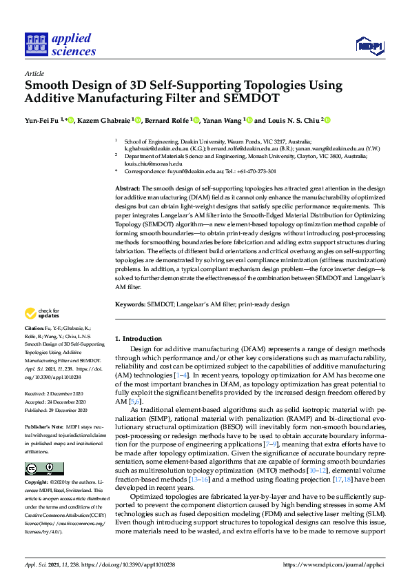 Pdf Smooth Design Of 3d Self Supporting Topologies Using Additive Manufacturing Filter And Semdot