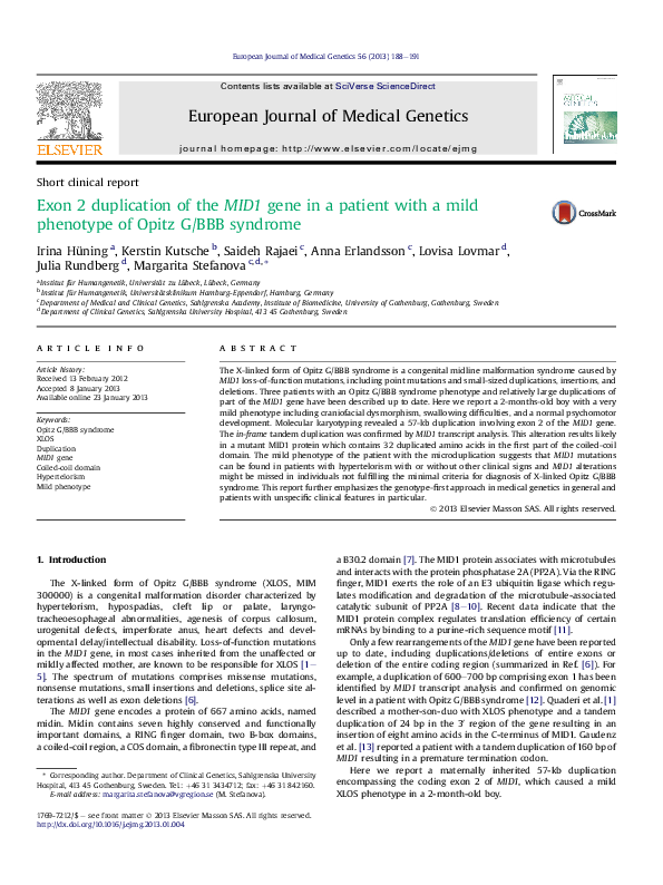 (PDF) Exon 2 duplication of the MID1 gene in a patient with a mild ...