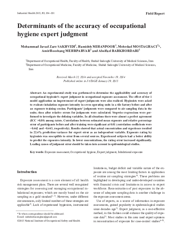 (PDF) Determinants of the accuracy of occupational hygiene expert judgment