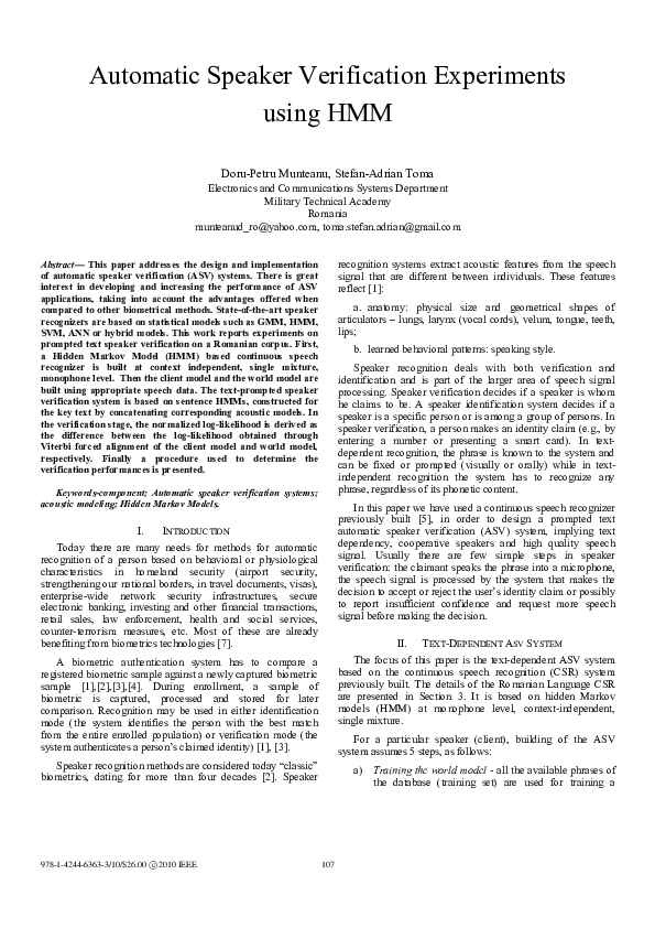 (PDF) Automatic speaker verification experiments using HMM
