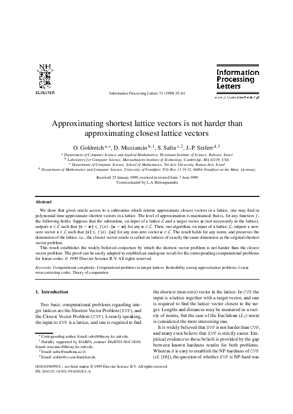 (PDF) Approximating shortest lattice vectors is not harder than ...