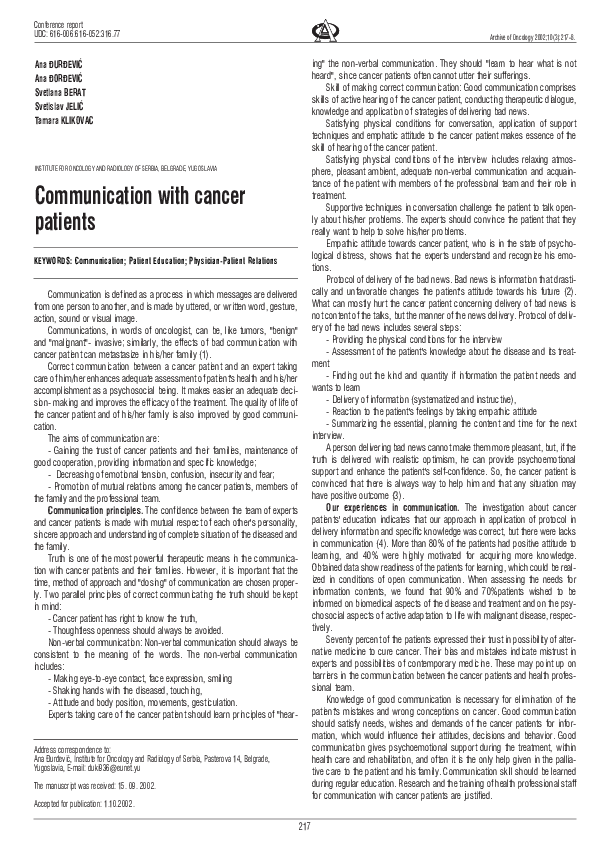 Pdf Communication With Cancer Patients