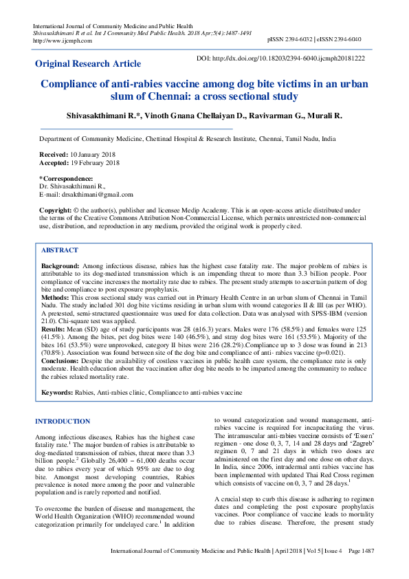 (PDF) Compliance of anti-rabies vaccine among dog bite victims in an urban slum of Chennai: a ...