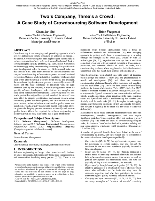 (PDF) Two's company, three's a crowd: a case study of crowdsourcing software development