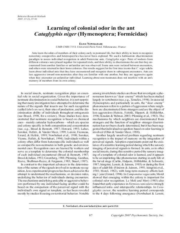(PDF) Learning of colonial odor in the antCataglyphis niger ...