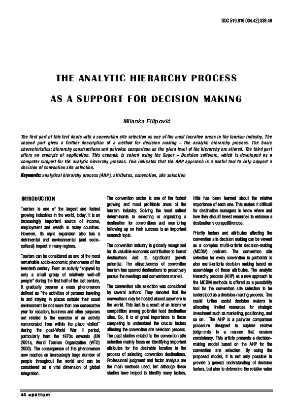 (PDF) The analytic hierarchy process as a support for decision making
