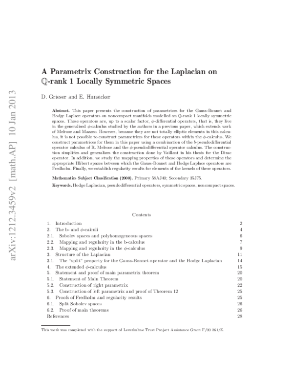 (PDF) A Parametrix Construction for the Laplacian on Q-rank 1 Locally ...