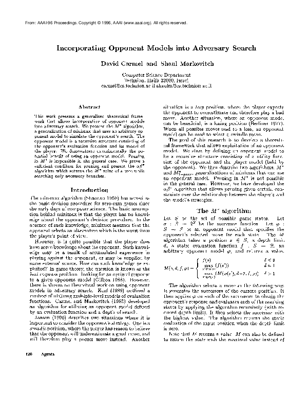 (PDF) Incorporating opponent models into adversary search