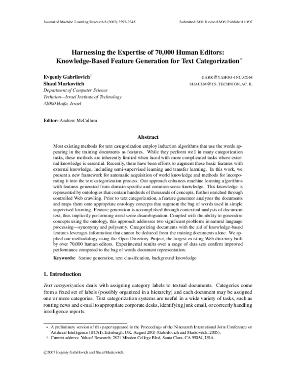 (PDF) Harnessing the expertise of 70,000 human editors: Knowledge-based feature generation for ...