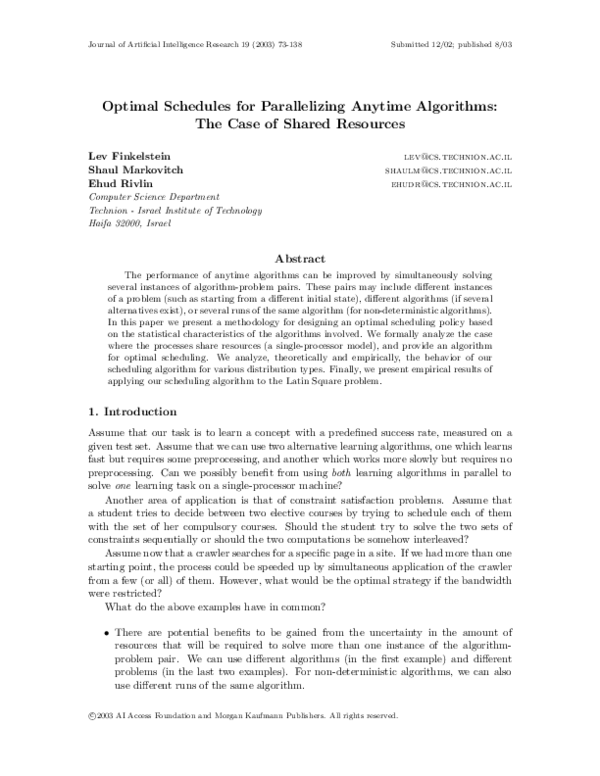 (PDF) Optimal Schedules for Parallelizing Anytime Algorithms: The Case of Independent Processes