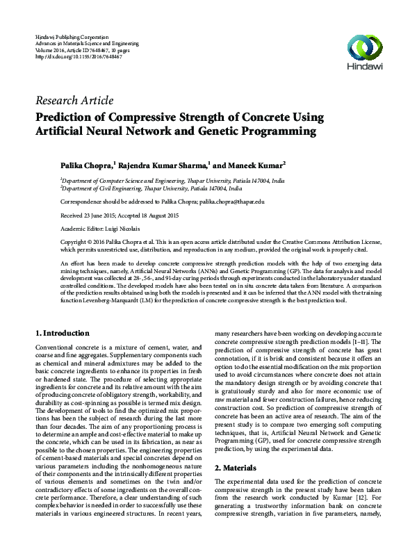 (PDF) Prediction of Compressive Strength of Concrete Using Artificial Neural Network and Genetic ...