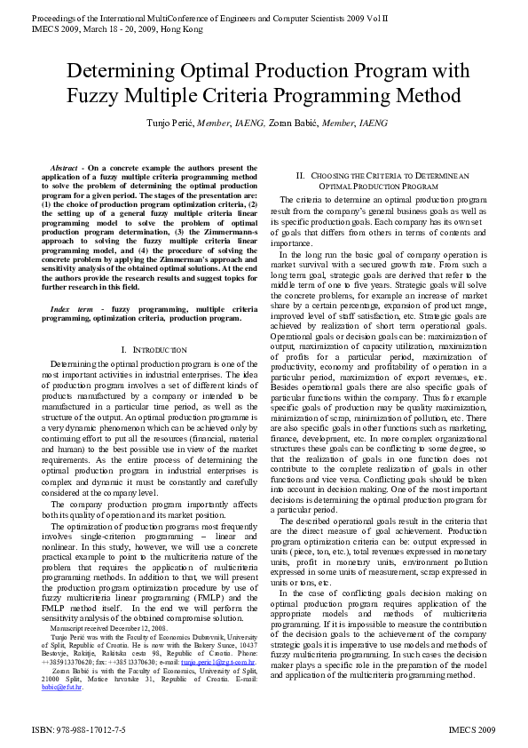 Pdf Determining Optimal Production Program With Fuzzy Multiple Criteria Programming Method