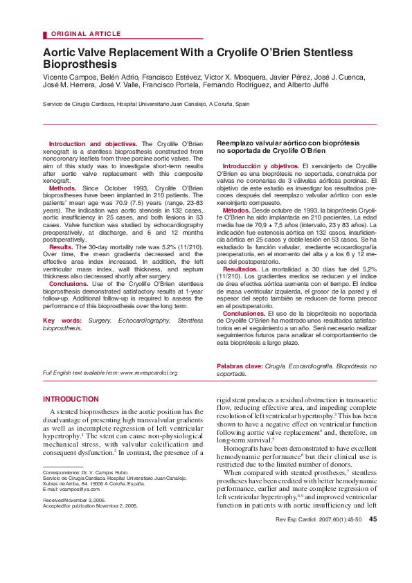 (PDF) Aortic Valve Replacement With a Cryolife O'Brien Stentless ...