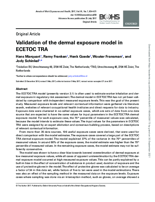 (PDF) Validation of the dermal exposure model in ECETOC TRA