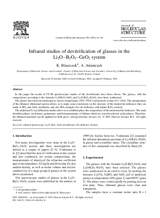 (PDF) Infrared studies of devitrification of glasses in the Li2O–B2O3–GeO2 system