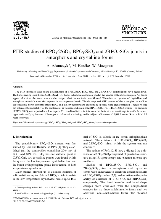 (PDF) FTIR studies of BPO4·2SiO2, BPO4·SiO2 and 2BPO4·SiO2 joints in ...