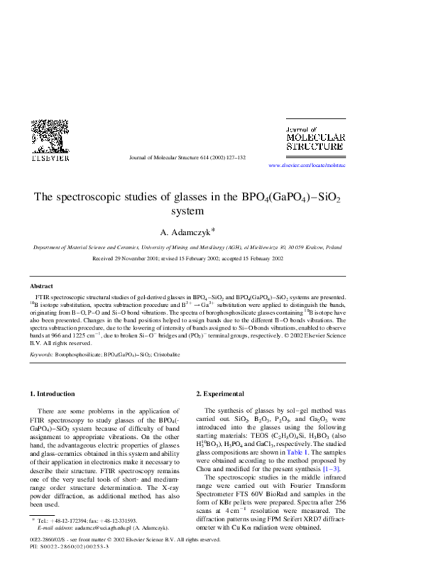 (PDF) The spectroscopic studies of glasses in the BPO4(GaPO4)–SiO2 system