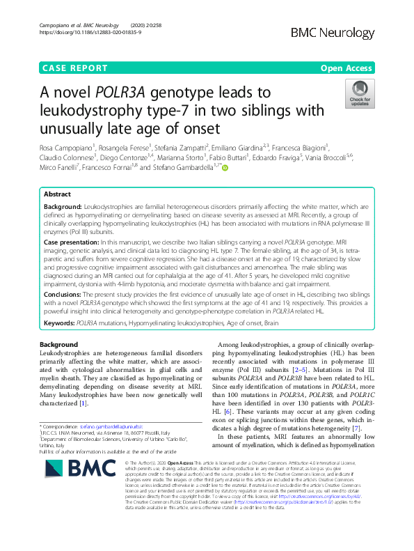 (PDF) A novel POLR3A genotype leads to leukodystrophy type-7 in two siblings with unusually late ...