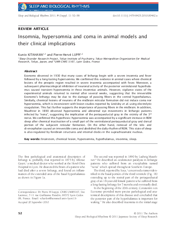 (PDF) Insomnia, hypersomnia and coma in animal models and their ...