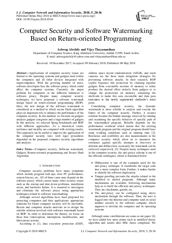 (PDF) Computer Security and Software Watermarking Based on Return ...