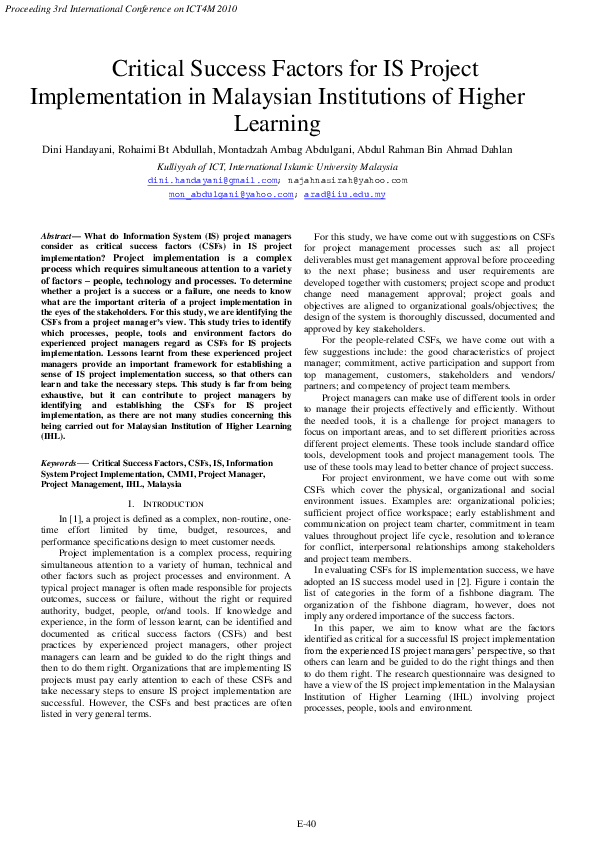(PDF) Critical success factors for IS project implementation in Malaysian institutions of higher ...