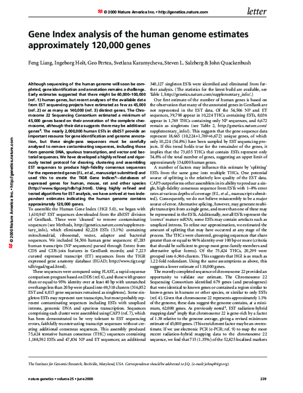 (PDF) Gene Index analysis of the human genome estimates approximately ...