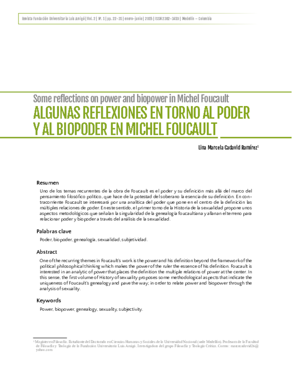 (PDF) Algunas Reflexiones en Torno Al Poder y Al Biopoder en Michel ...