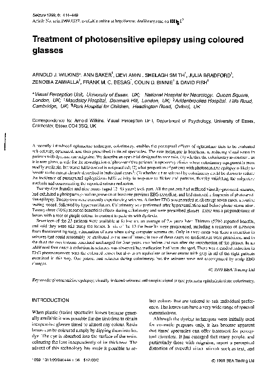 Pdf Treatment Of Photosensitive Epilepsy Using Coloured Glasses