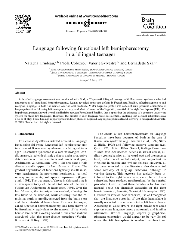 (PDF) Language following functional left hemispherectomy in a bilingual ...