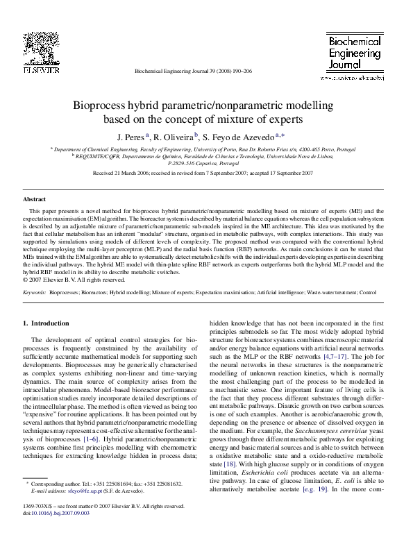 (PDF) Bioprocess hybrid parametric/nonparametric modelling based on the concept of mixture of ...