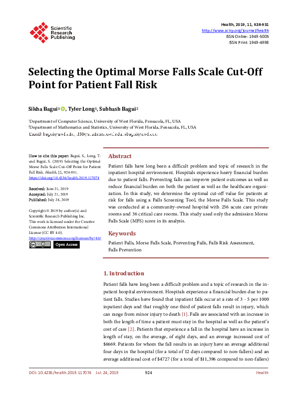 (PDF) Selecting the Optimal Morse Falls Scale Cut-Off Point for Patient ...