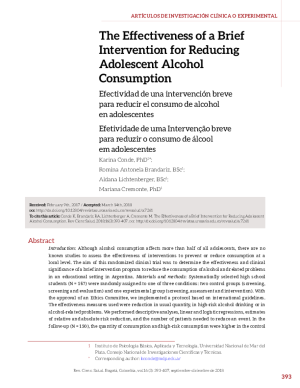 (PDF) The Effectiveness of a Brief Intervention for Reducing Adolescent ...