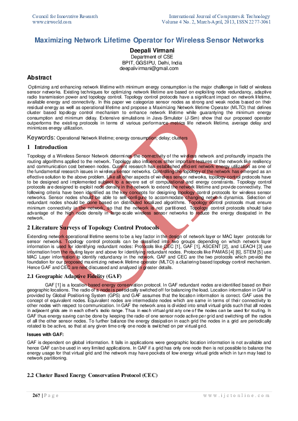 Pdf Maximizing Network Lifetime Operator For Wireless Sensor Networks Deepali Virmani