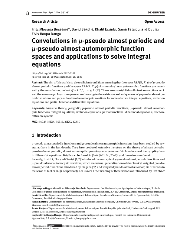 Pdf Convolutions In µ Pseudo Almost Periodic And µ Pseudo Almost Automorphic Function Spaces
