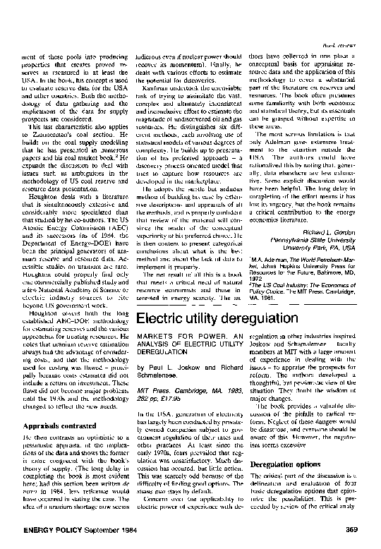 (PDF) Markets for Power: An Analysis of Electric Utility Deregulation