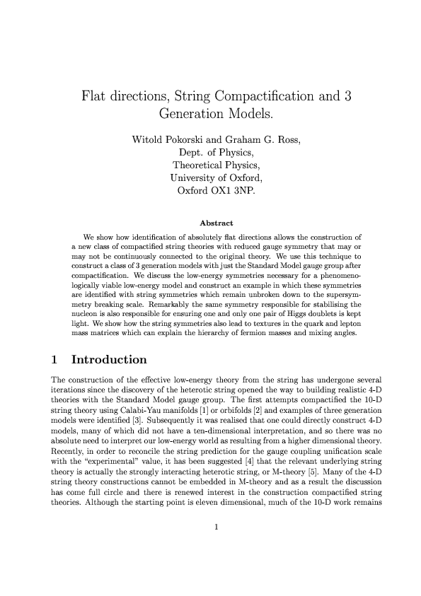 (PDF) Flat directions, string compactification and three generation models | graham ross ...