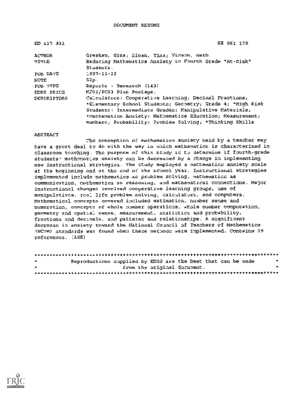 (PDF) Reducing Mathematics Anxiety in Fourth Grade "At-Risk" Students