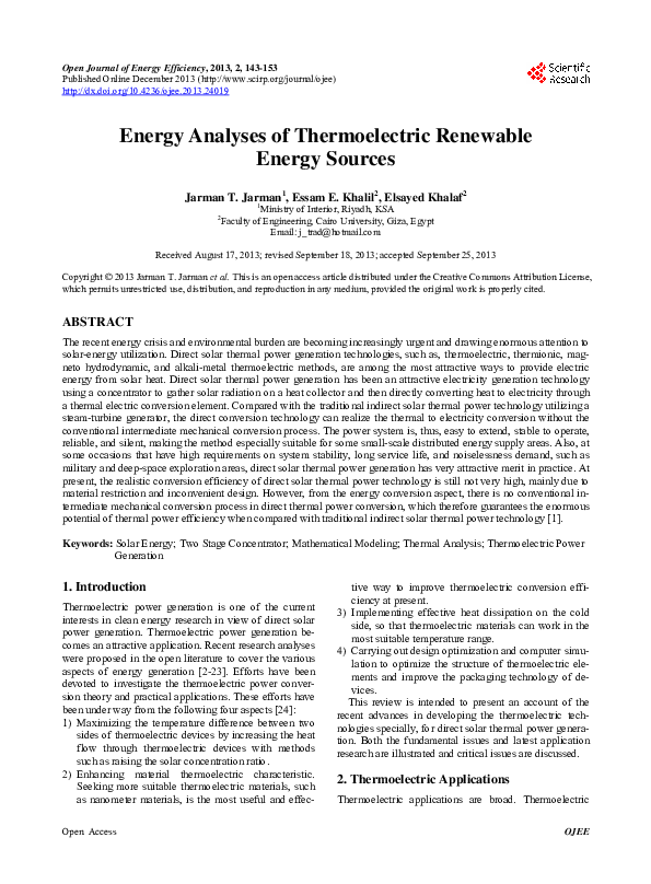 (PDF) Energy Analyses of Thermoelectric Renewable Energy Sources