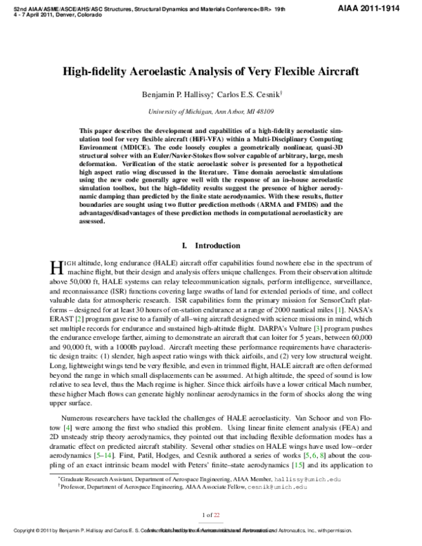 (PDF) High-fidelity aeroelastic analysis of very flexible aircraft