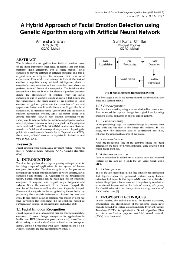 Pdf A Hybrid Approach Of Facial Emotion Detection Using Genetic Algorithm Along With