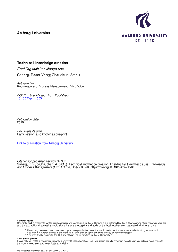 (PDF) Technical knowledge creation: Enabling tacit knowledge use
