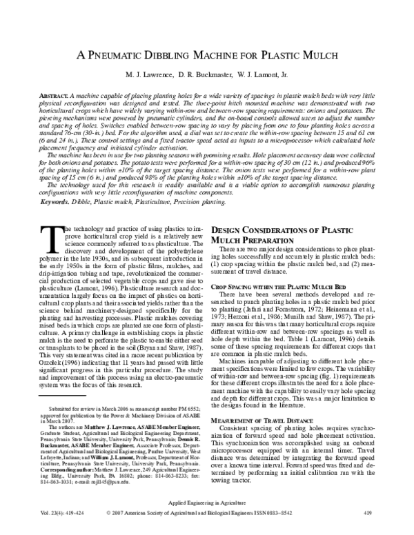 (PDF) A Pneumatic Dibbling Machine for Plastic Mulch