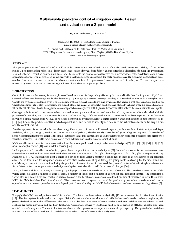 Pdf Multivariable Predictive Control Of Irrigation Canals Design And Evaluation On A 2 Pool Model