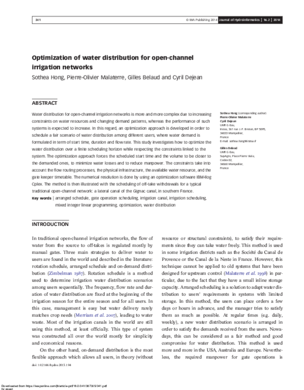 (PDF) Optimization of water distribution for open-channel irrigation ...